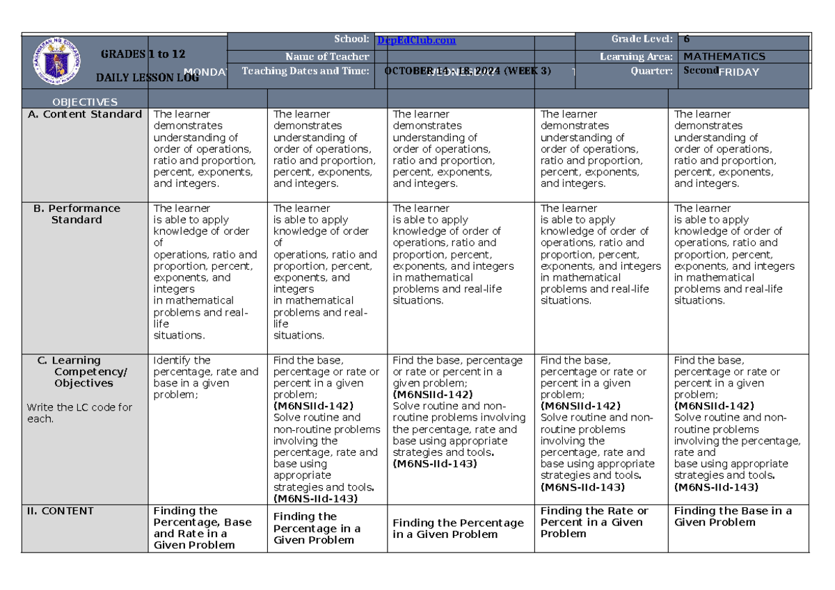 Grade 6 Math Daily Lesson Plan (DLL 6 Q2 W3) on Ratios & Percent - Studocu