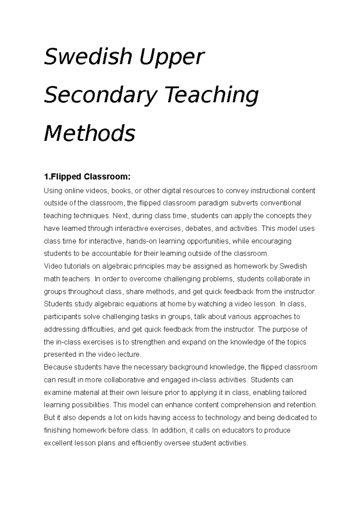 Swedish Upper Secondary Teaching Methods: Flipped Classroom & Beyond ...