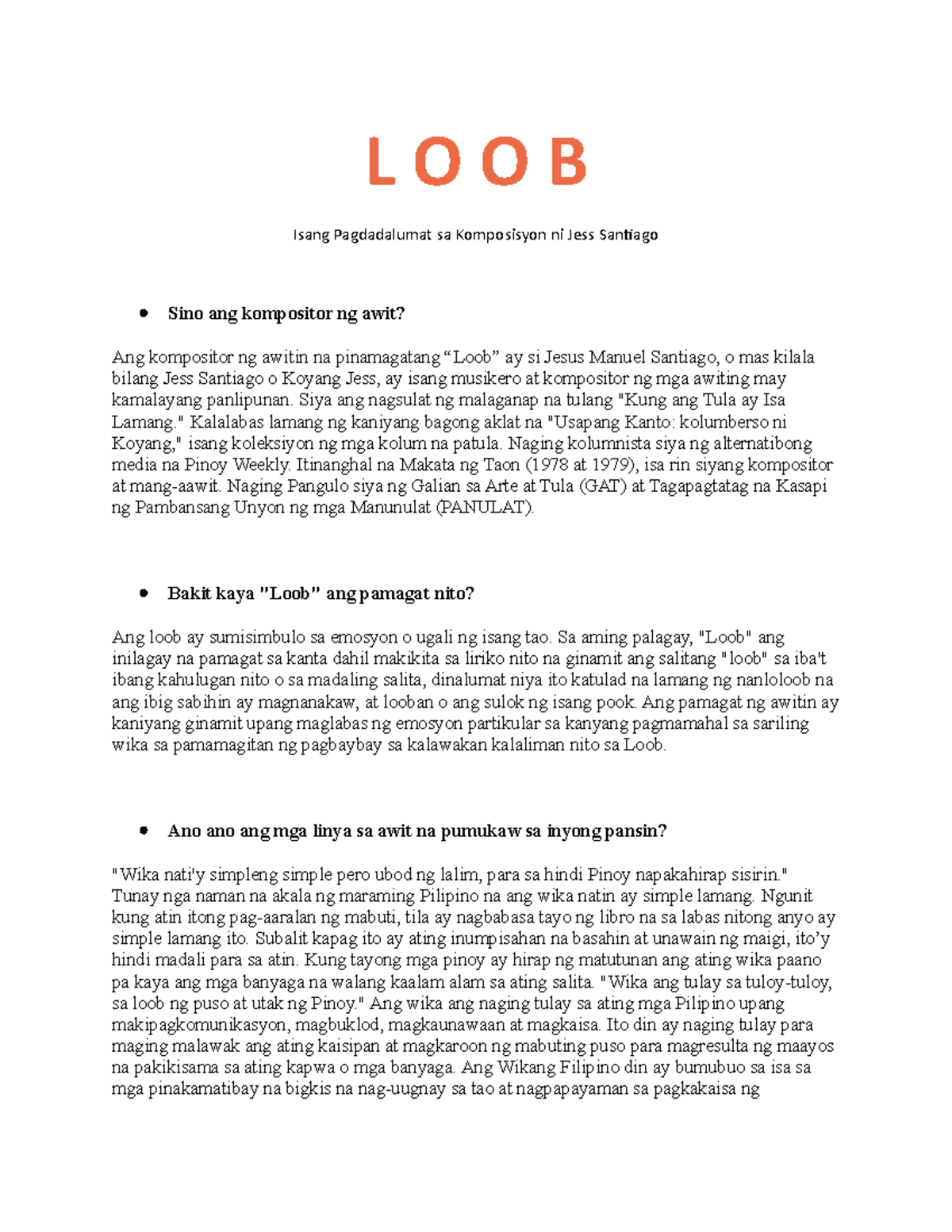 LOOB: Isang Pagsusuri ng Komposisyon ni Jess Santiago - Studocu