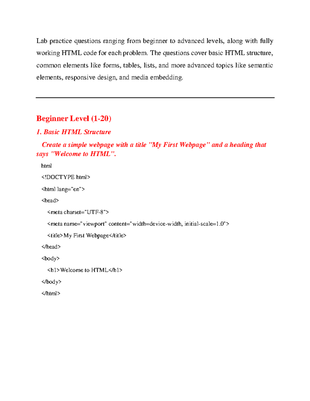 HTML LAB Practice Questions: Beginner to Advanced Levels - Studocu
