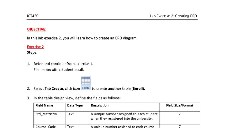 ICT450 Lab Exercise 2: Creating ERD Diagram and Table Design - Studocu