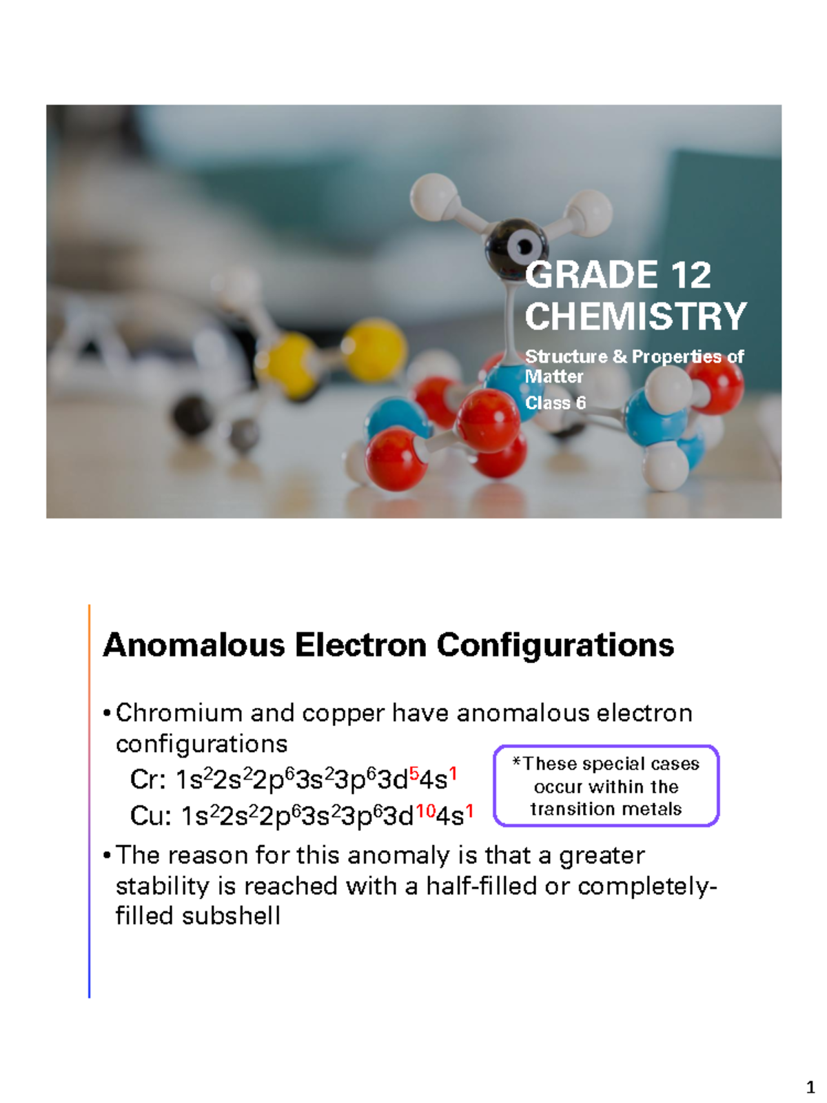 GRADE 12 CHEMISTRY Class 6 Notes on Anomalous Electron Configurations ...