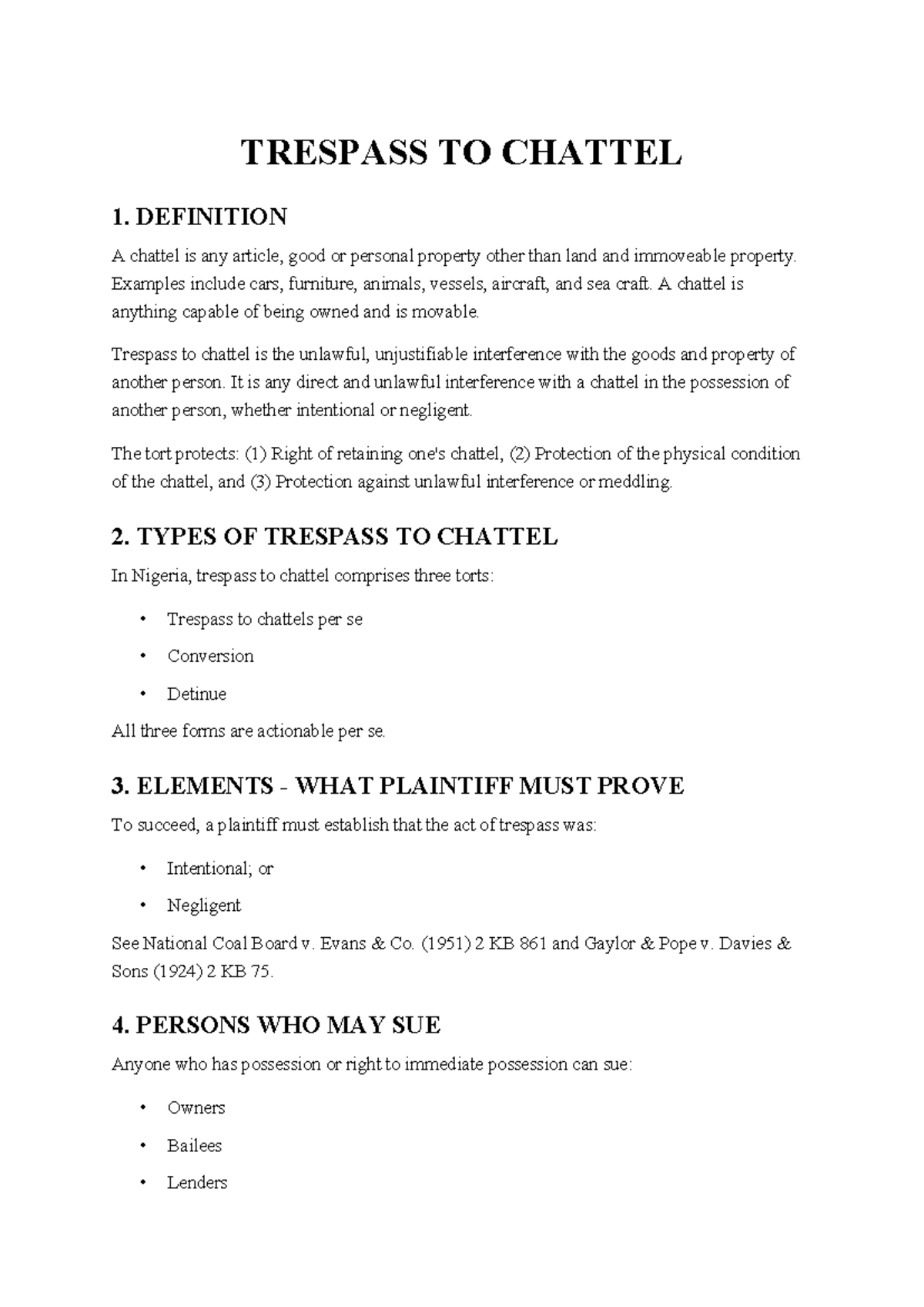 08 Trespass to Chattel: Definition, Types, and Key Cases - Studocu