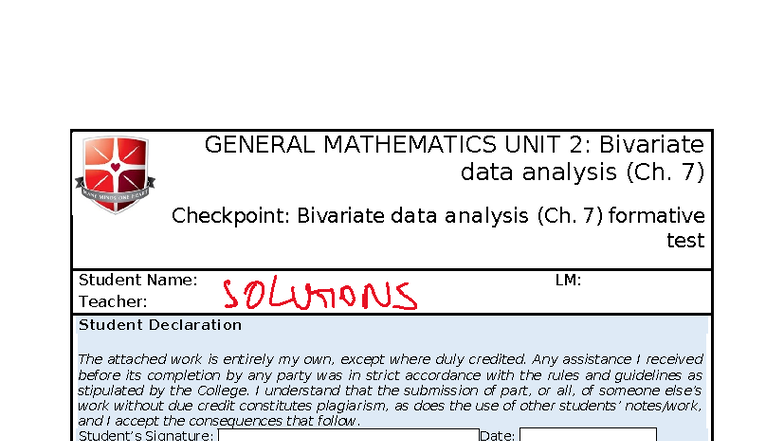 Year 11 GM: Bivariate Data Analysis Checkpoint Test (Ch. 7) - Studocu