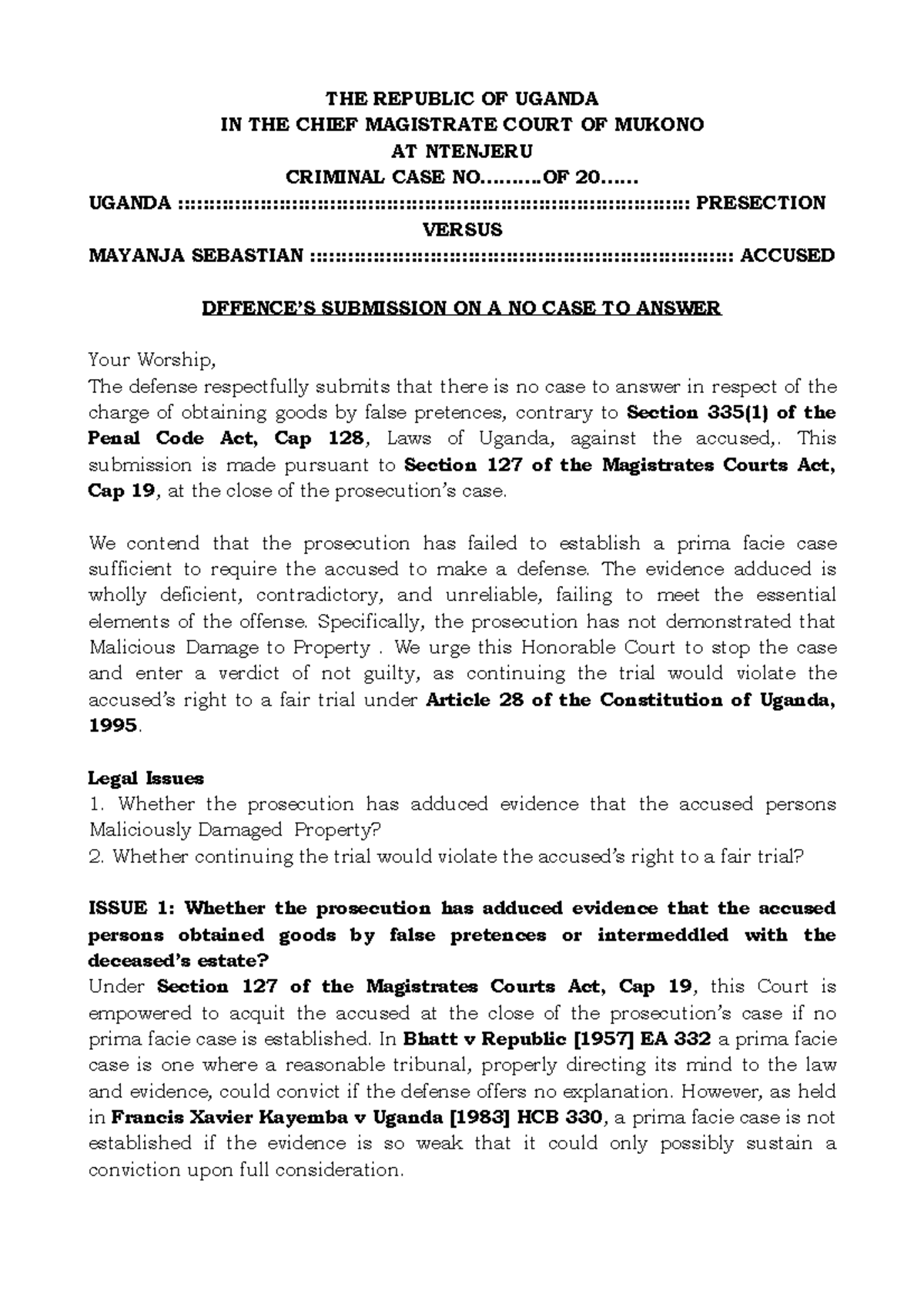Submission on No Case to Answer: Uganda Criminal Case UGANDA v. Mayanja ...