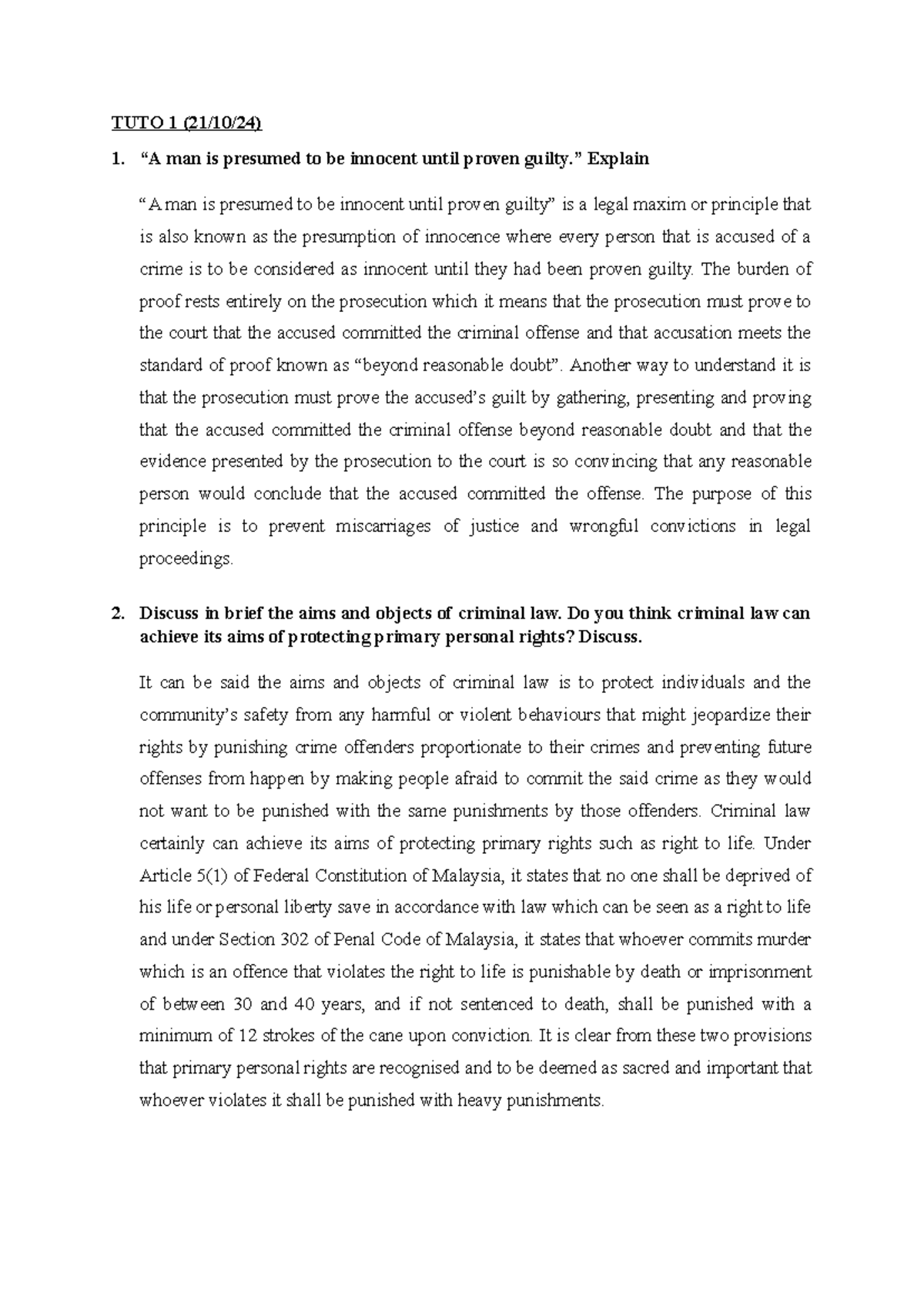 TUTO 1 - Criminal Law Tutorial: Principles, Aims & Historical Context ...
