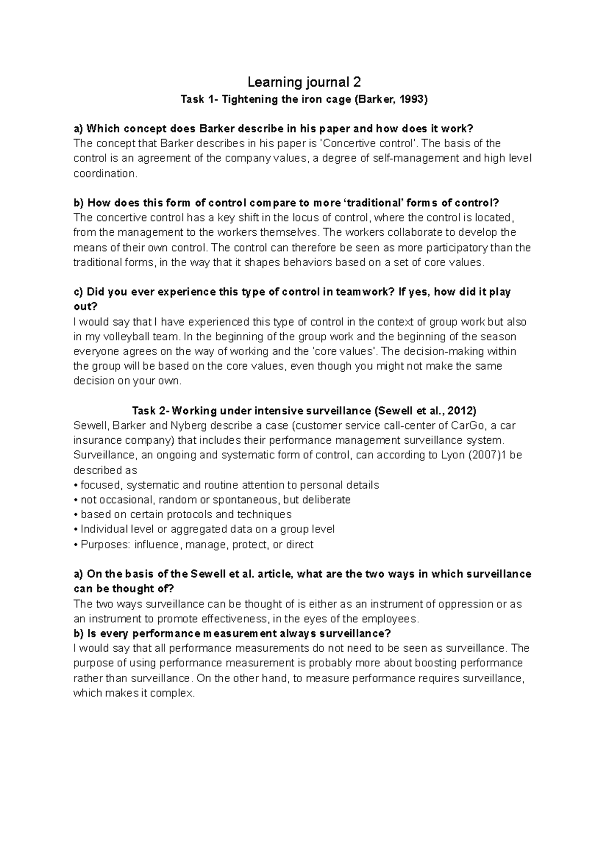 Learning journal 2 - The basis of the control is an agreement of the ...
