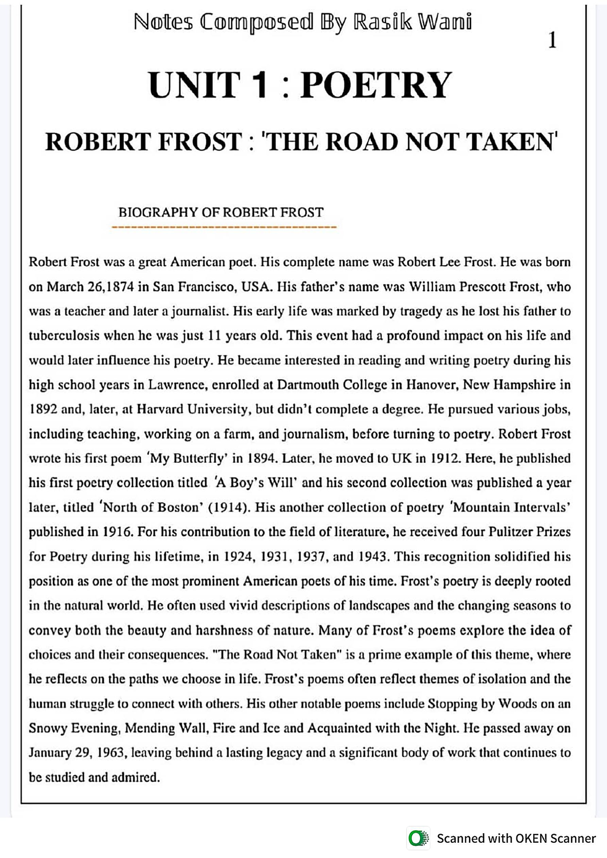 Unit 1 & 2 Poetry Notes: Robert Frost & Nissim Ezekiel Analysis - Studocu
