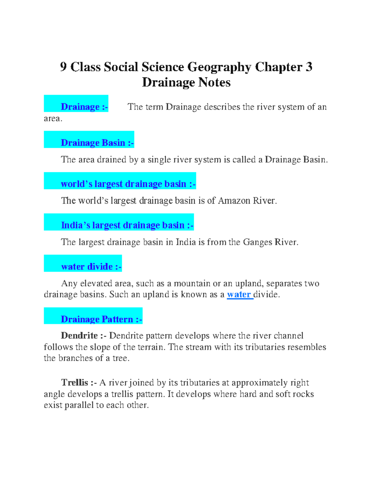 9th Class Social Science Geography Chapter 3 Drainage Notes - Studocu