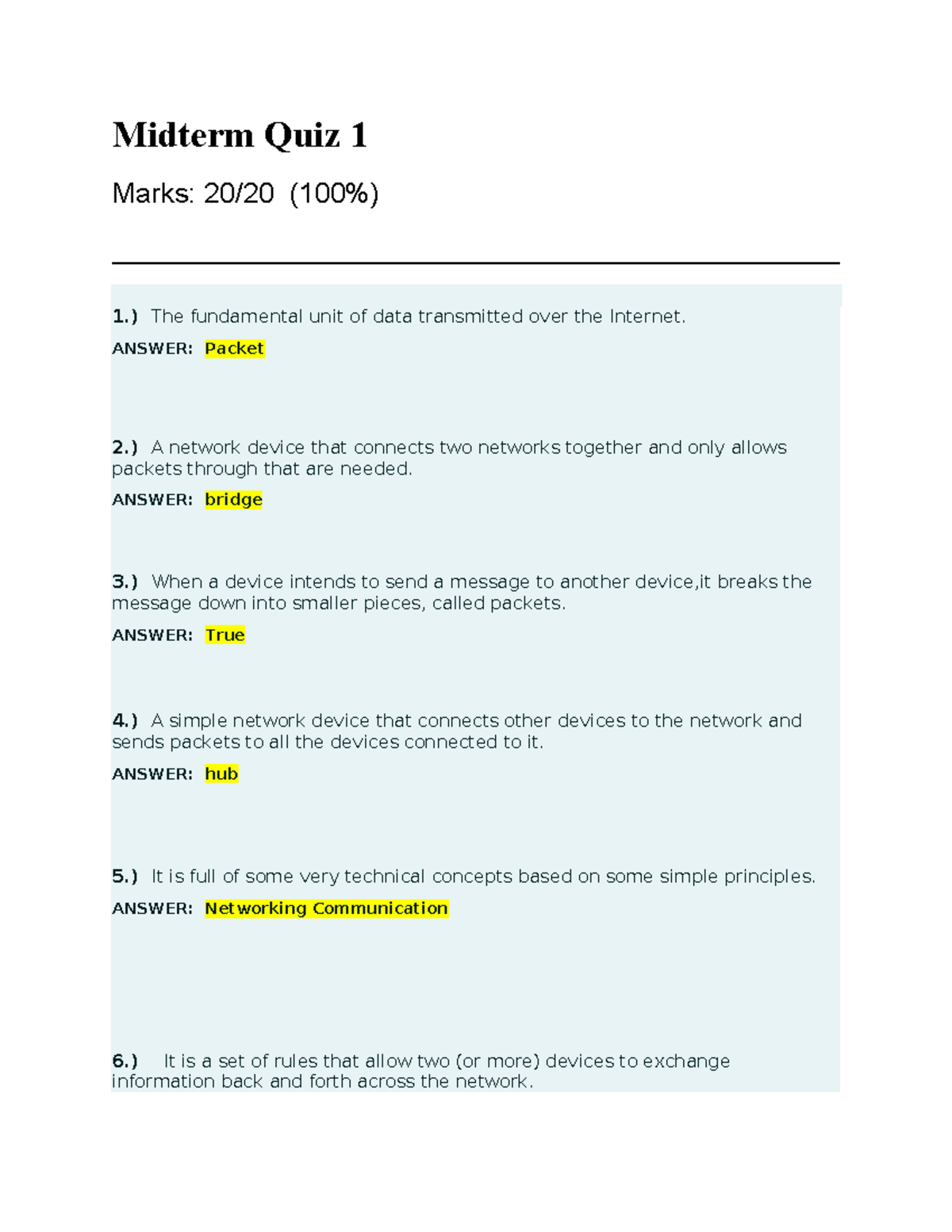 Midterm Quiz 1 - Networking Concepts and Answers (20 Marks) - Studocu