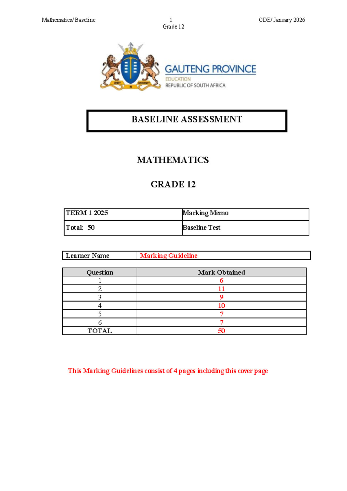 MEMO 2026 Baseline Assessment Grade 12 Mathematics Term 1 - Studocu