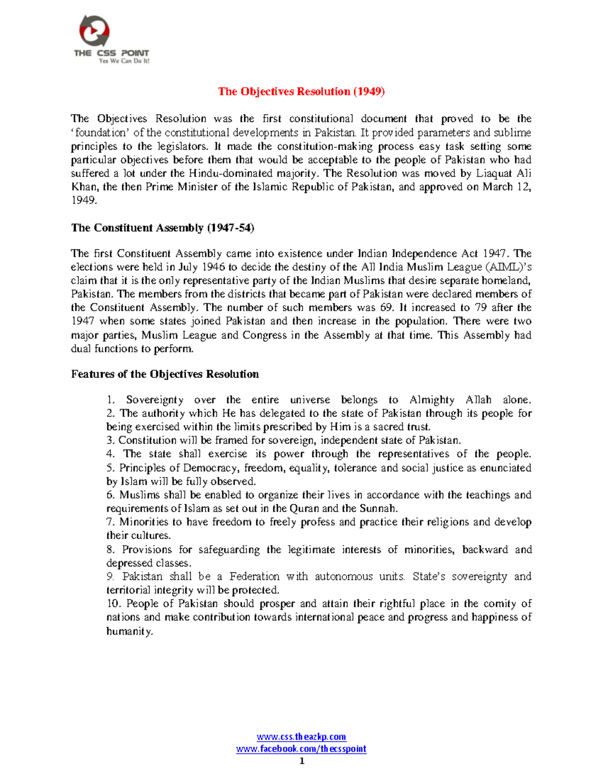 The Objectives Resolution (1949) - css.theazkp facebook/thecsspoint 1 ...