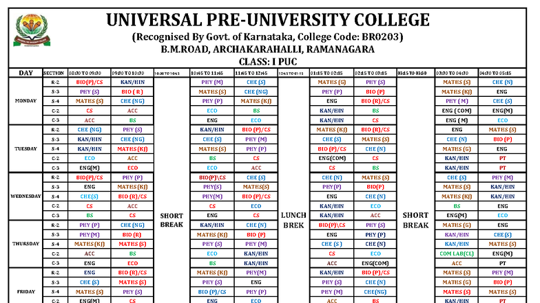I PUC Time Table BR0203 - Universal Pre-University College - Studocu
