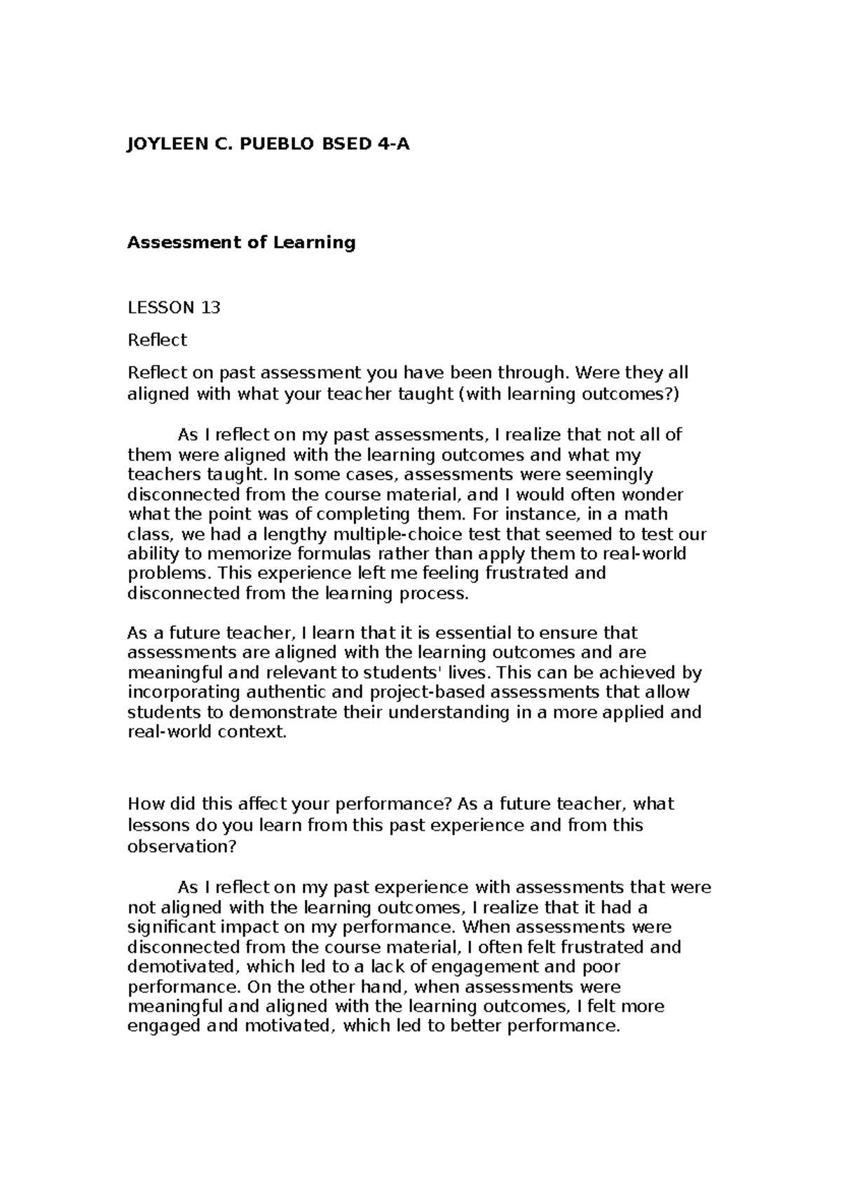BSED 4-A Lesson 13: Reflection on Past Assessments and Learning ...