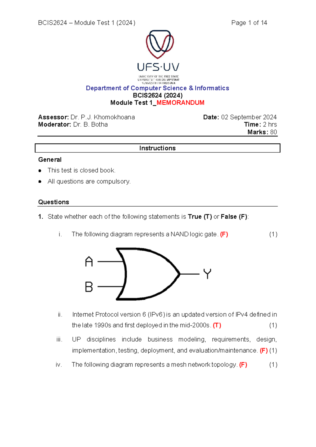 BCIS2624 Module Test 1 Memorandum (2024) - Studocu