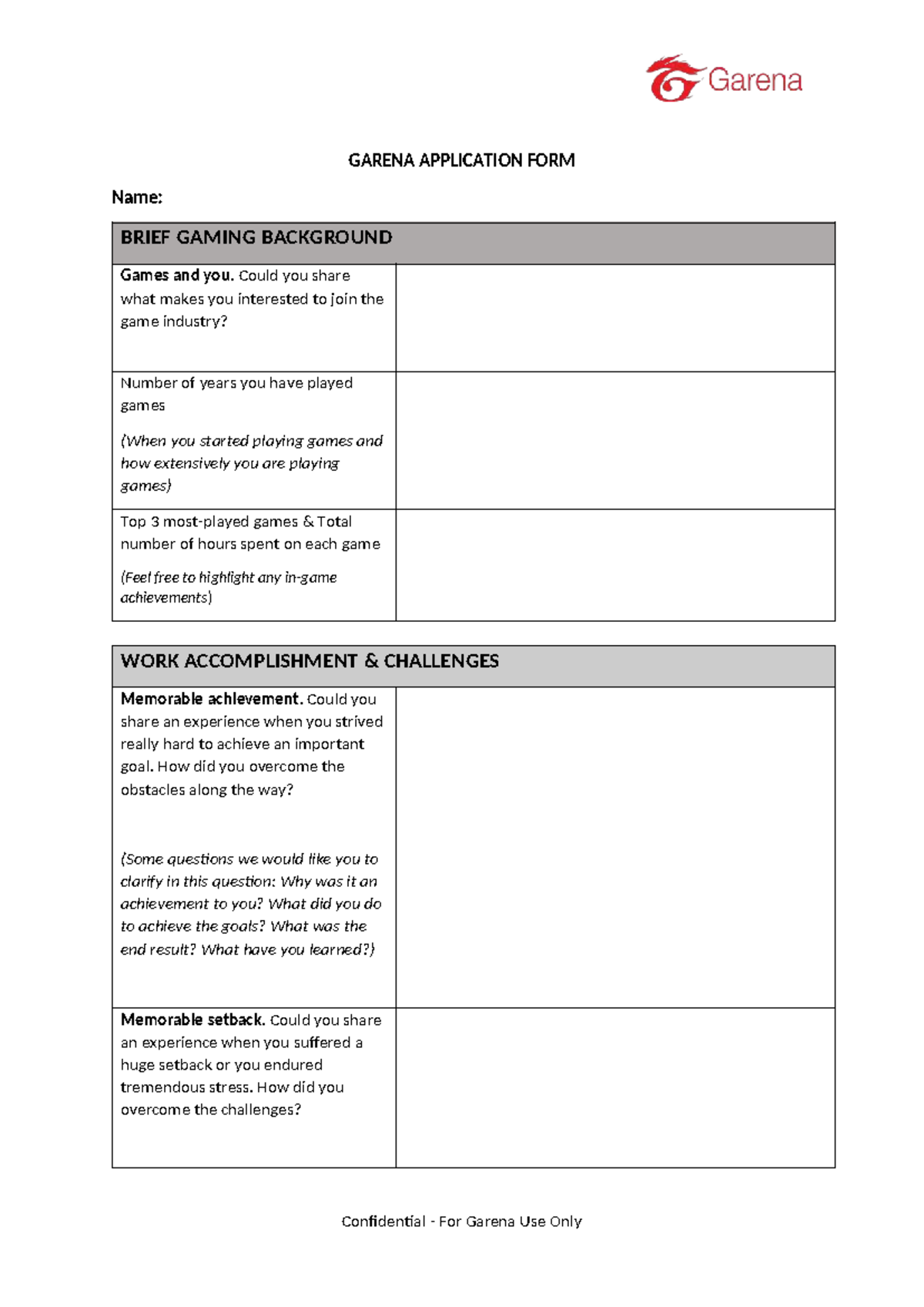 Garena Application Form FTE: Gaming Background & Achievements - Studocu