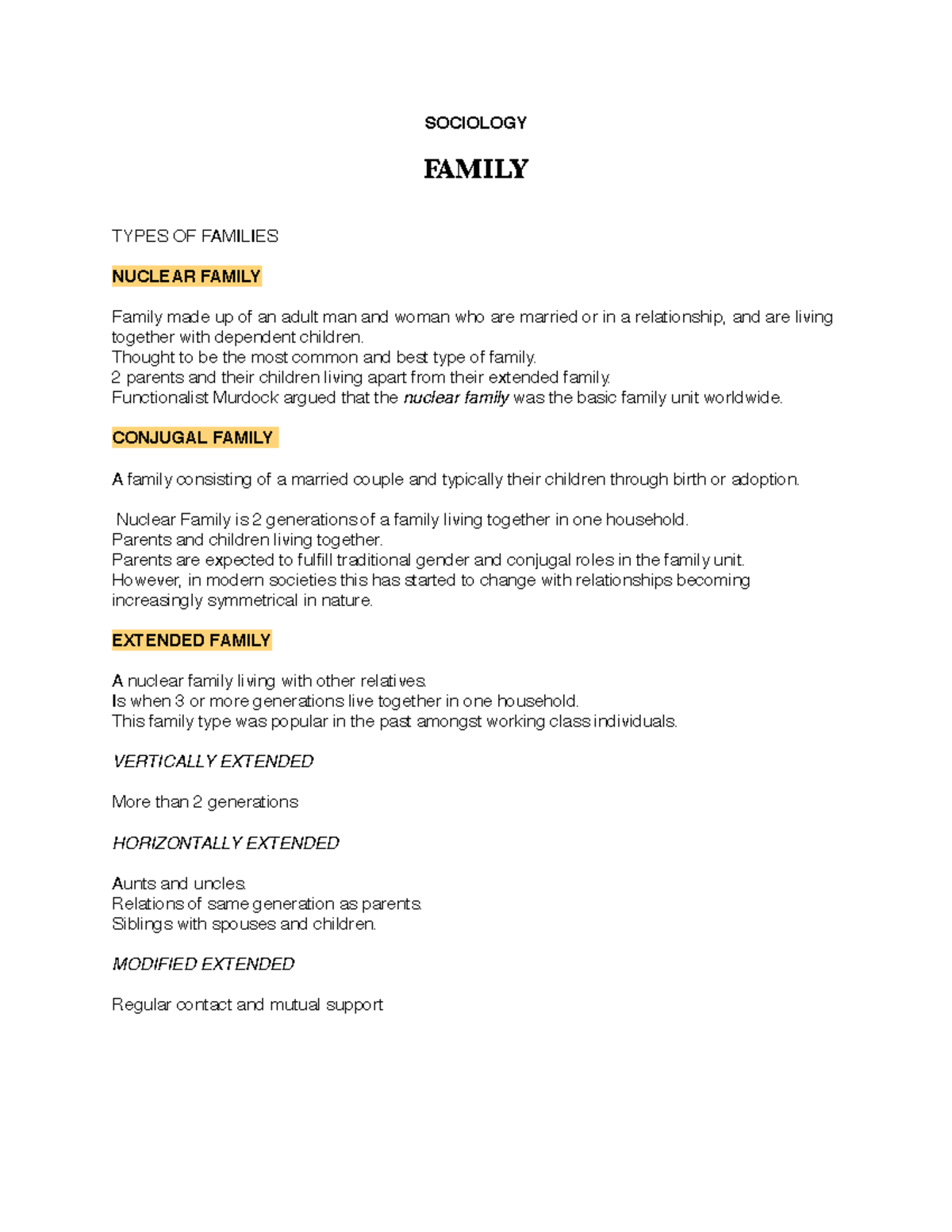 Sociology Family Types Notes - Key Concepts and Definitions - Studocu