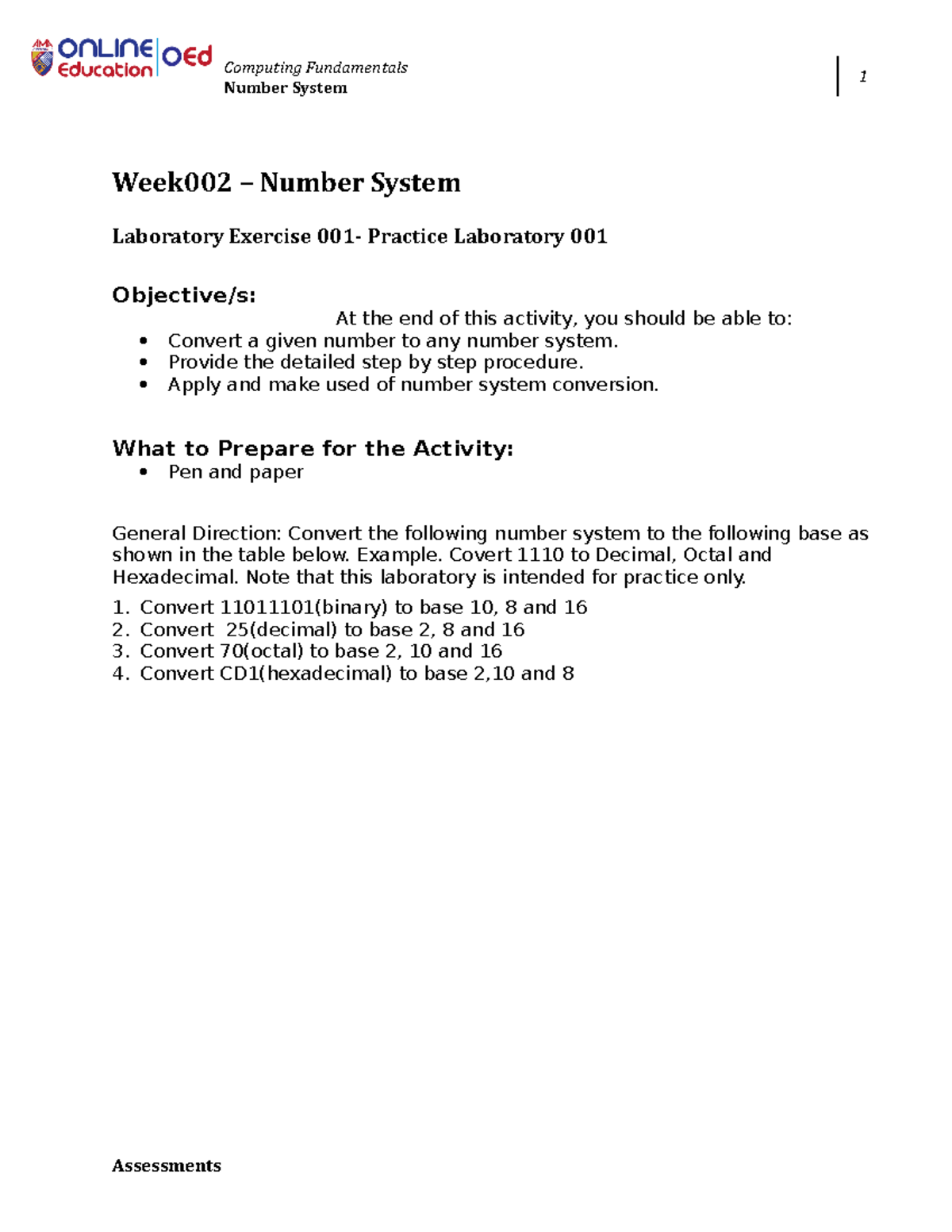 Week002-Lab Ex - LABORATORY - Computing Fundamentals Number System 1 ...
