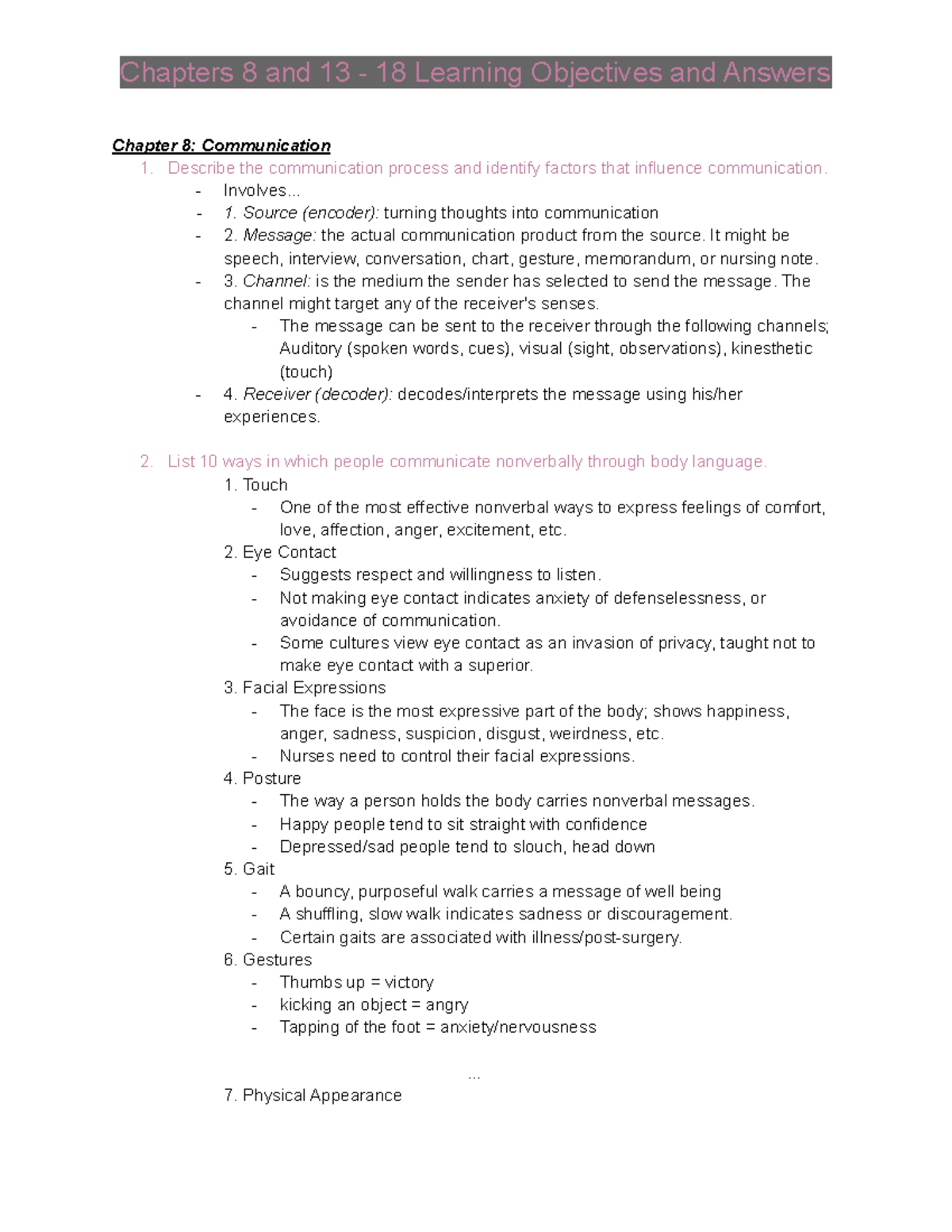 NURS1117 Unit 1 Learning Objectives - Chapter 8: Communication 1 ...
