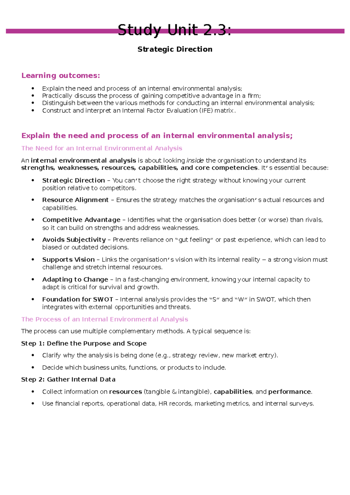 Study Unit 2 - Internal Environmental Analysis & Competitive Advantage - Studocu