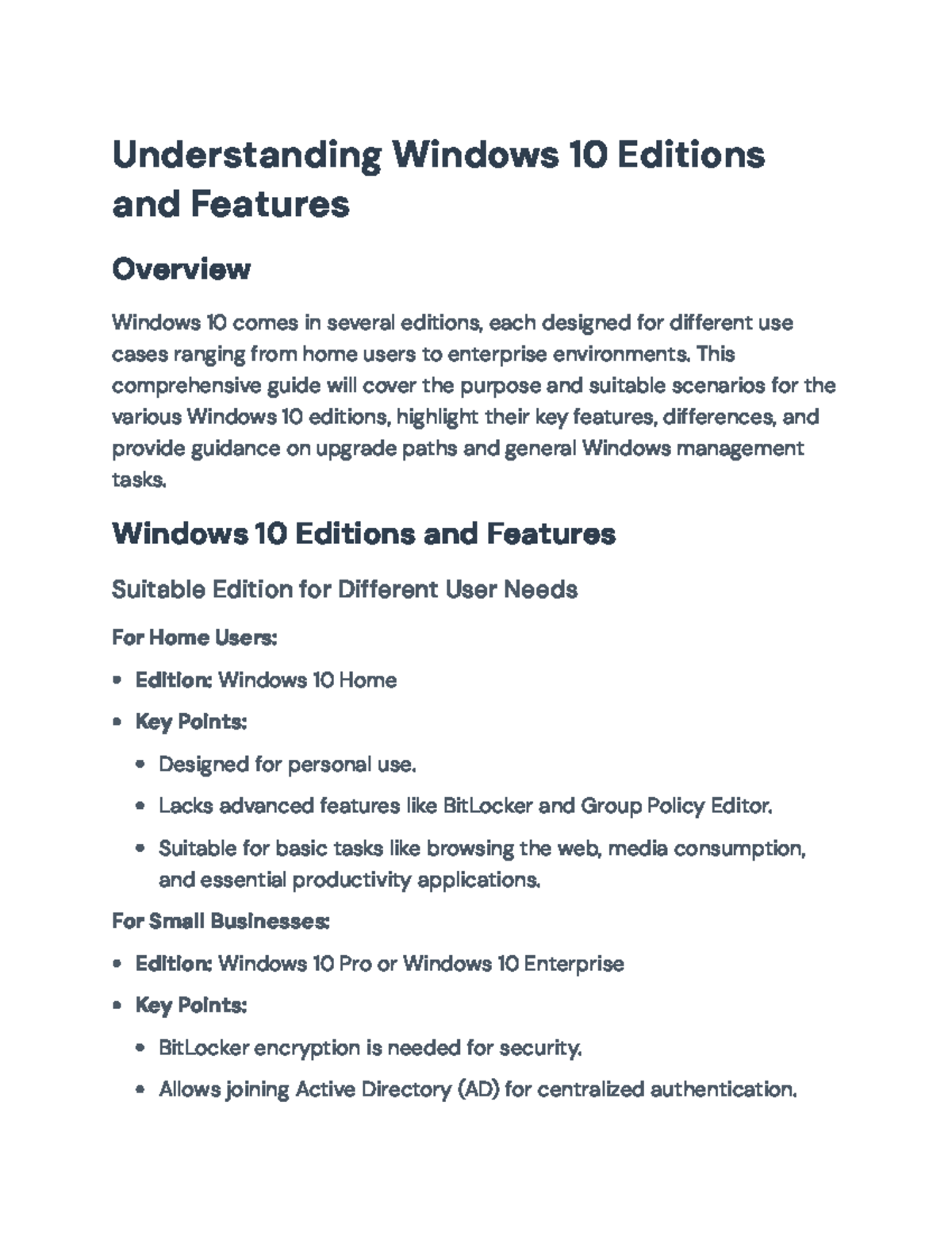 Windows 10 Editions and Features Overview: User Needs and Management ...