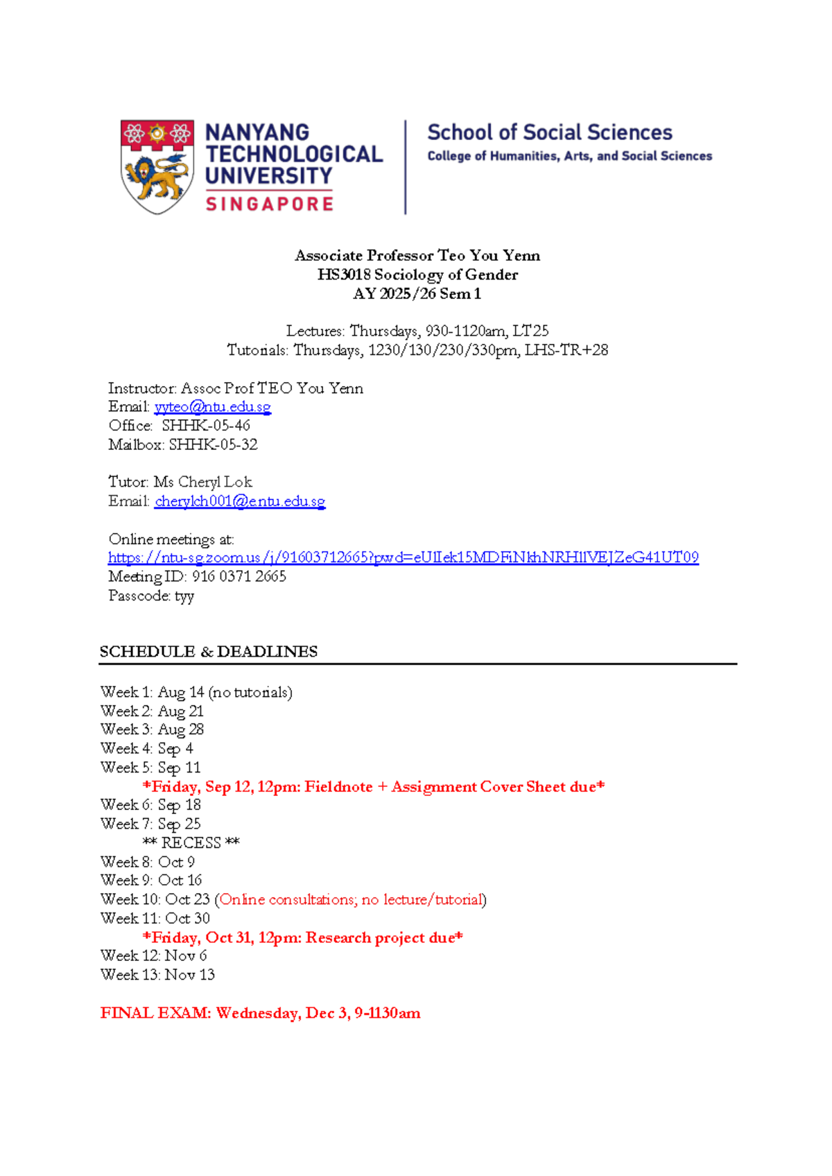 HS3018 Sociology of Gender Sem 1 Course Outline and Schedule - Studocu