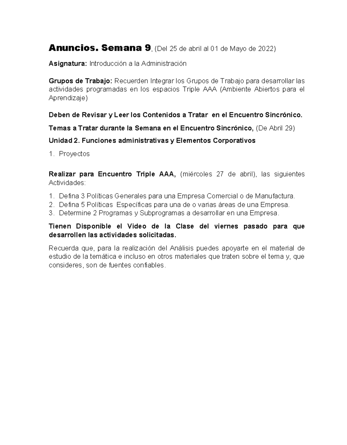 10-Anuncios Semana 9-Del 25 de Abril al 01 de Mayo - Anuncios. Semana 9 ...