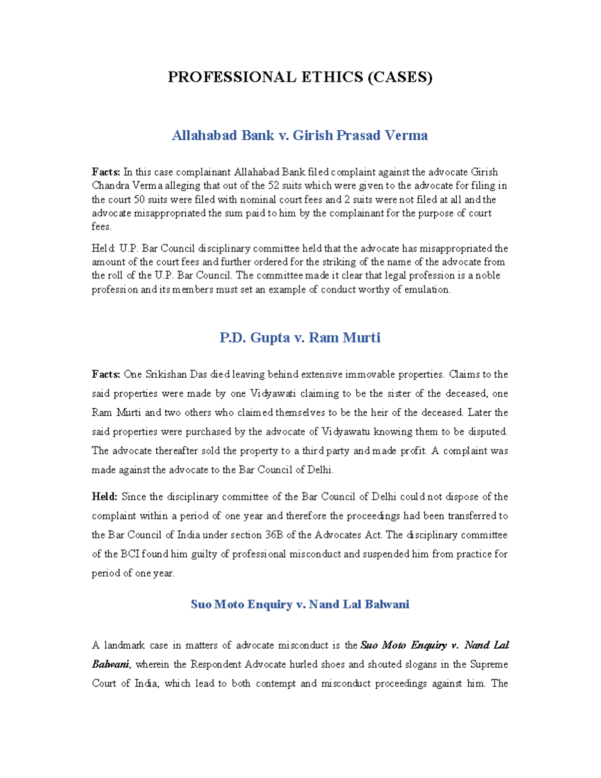 Cases - VFDBVC HGGN: Professional Ethics and Advocate Misconduct - Studocu