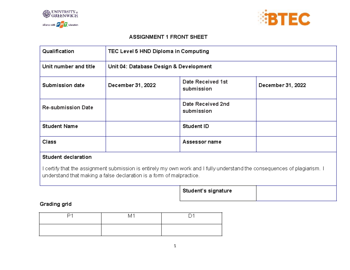 ASM1 Database - ASSIGNMENT 1 FRONT SHEET Qualification TEC Level 5 HND Diploma in Computing Unit ...