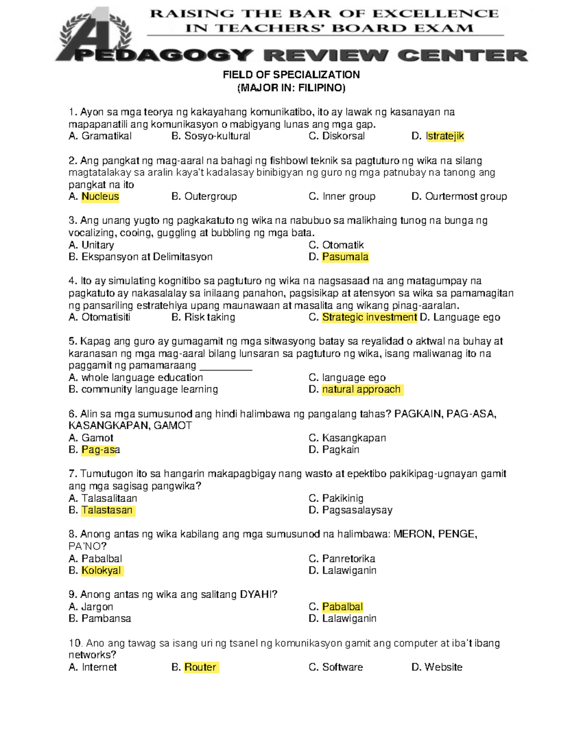 Filipino-LET Reviewer: Major in Filipino Exam Preparation - Studocu