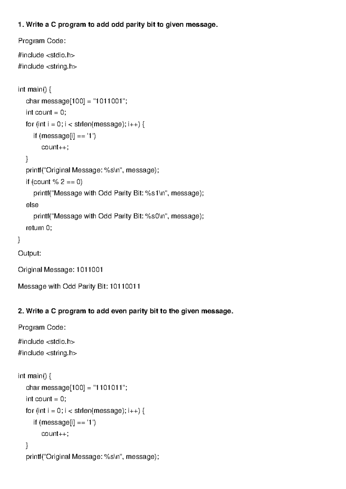 CN Assignment: Adding Odd & Even Parity Bits with Code - Studocu