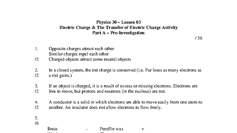 Physics 30 Lesson 03 Static Electricity Activity Part A Key Studocu