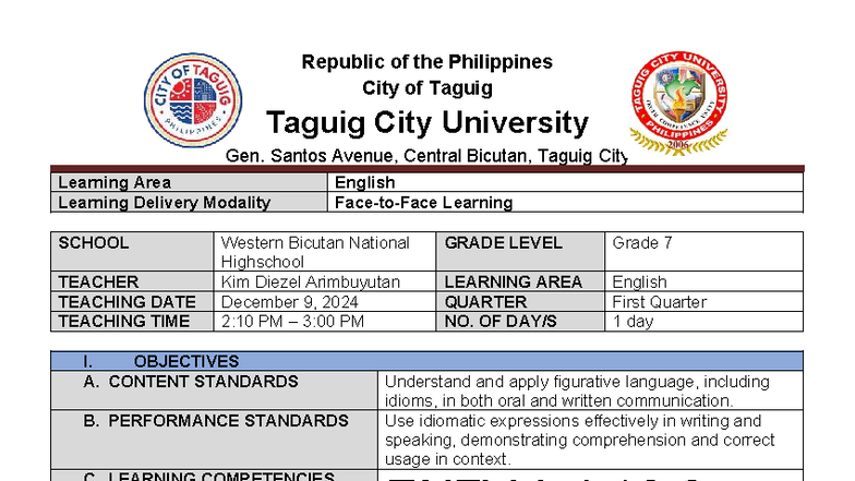 Lesson Plan: English 7 - Understanding Idiomatic Expressions - Studocu