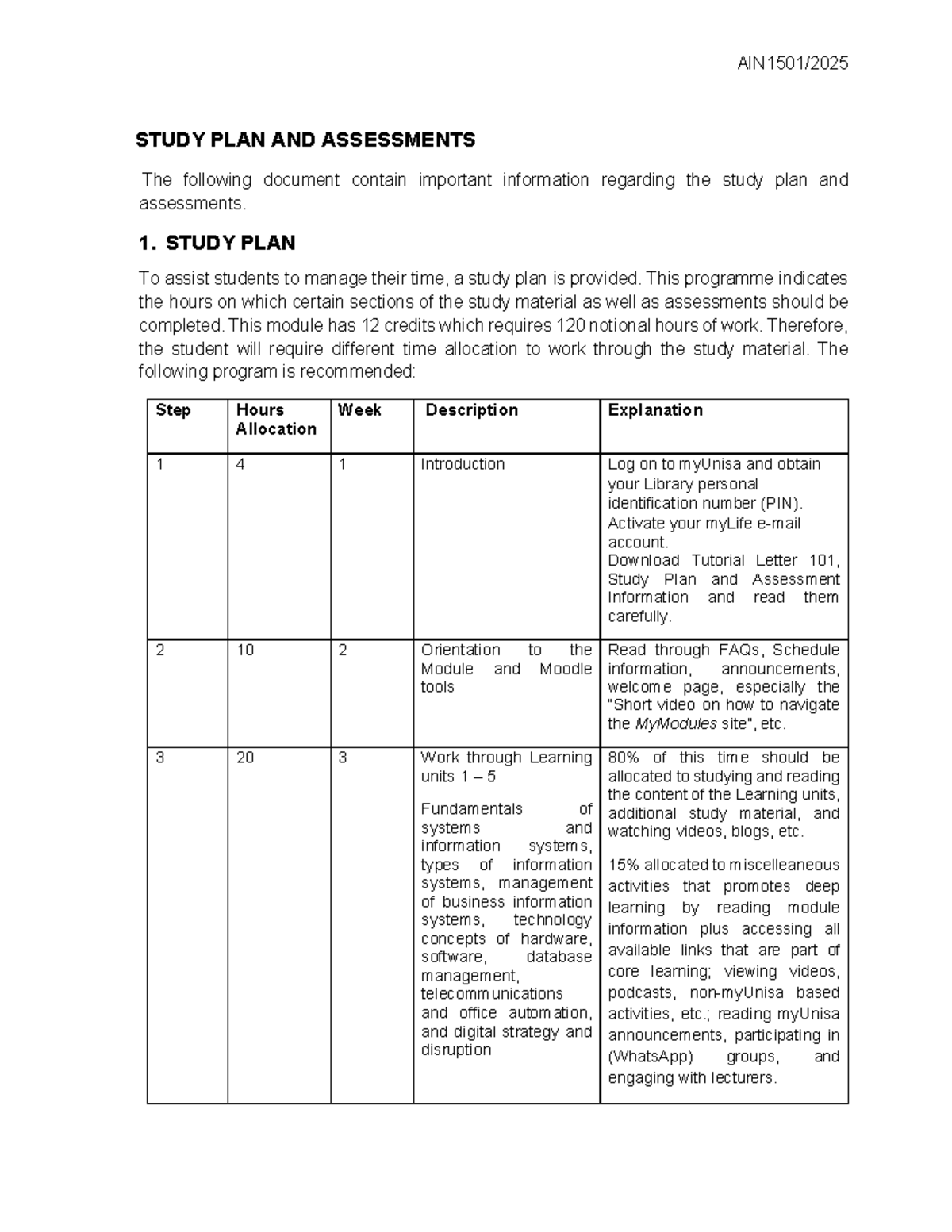 Study PLAN Assessment INFO15042025 - AIN1501/ STUDY PLAN AND ASSESSMENTS The following document ...