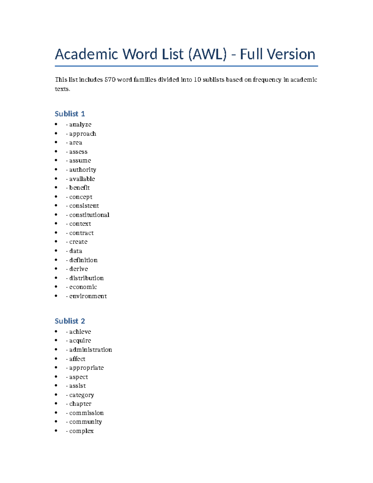Full Academic Word List (AWL) - 570 Word Families - Studocu