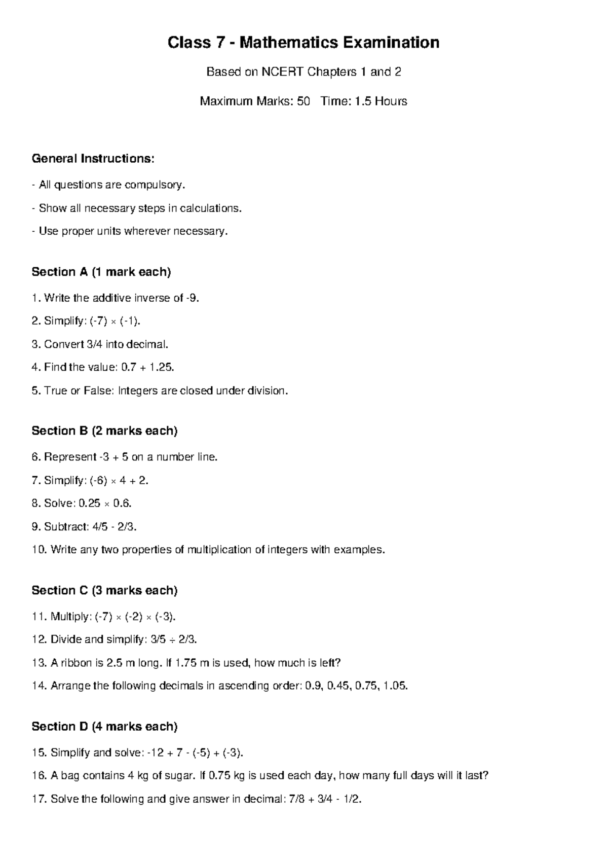 Class 7 Math Exam Paper: NCERT Ch 1 & 2 (Max Marks: 50) - Studocu