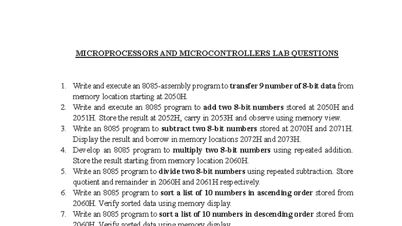 MICROPROCESSORS & MICROCONTROLLERS LAB Qs: 8085 & 8051 Programs - Studocu