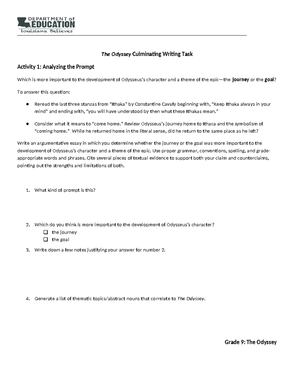 Odyss s6 culminating task handout - The Odyssey Culminating Writing ...