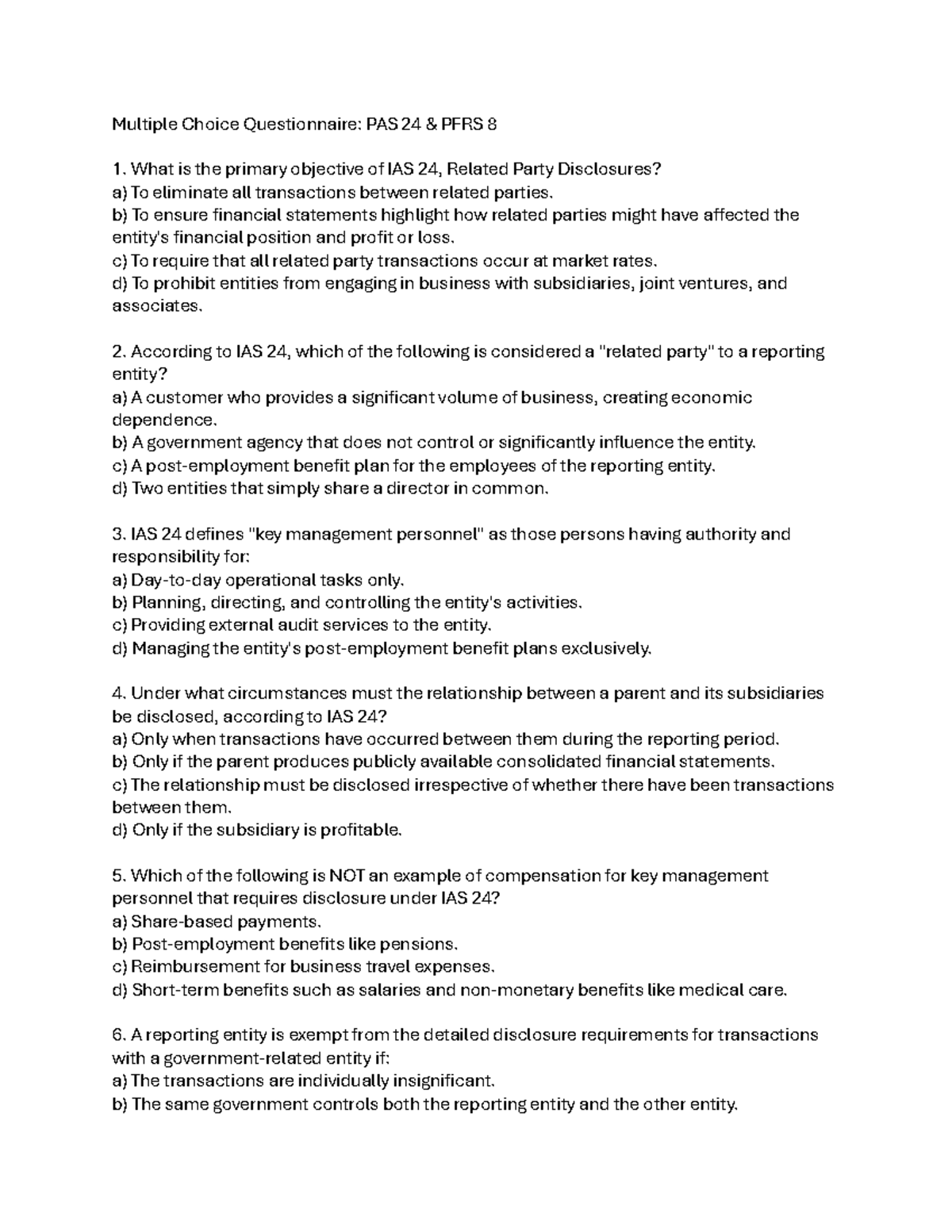 Multiple Choice Questionnaire: PAS 24 & PFRS 8 Exam Review - Studocu