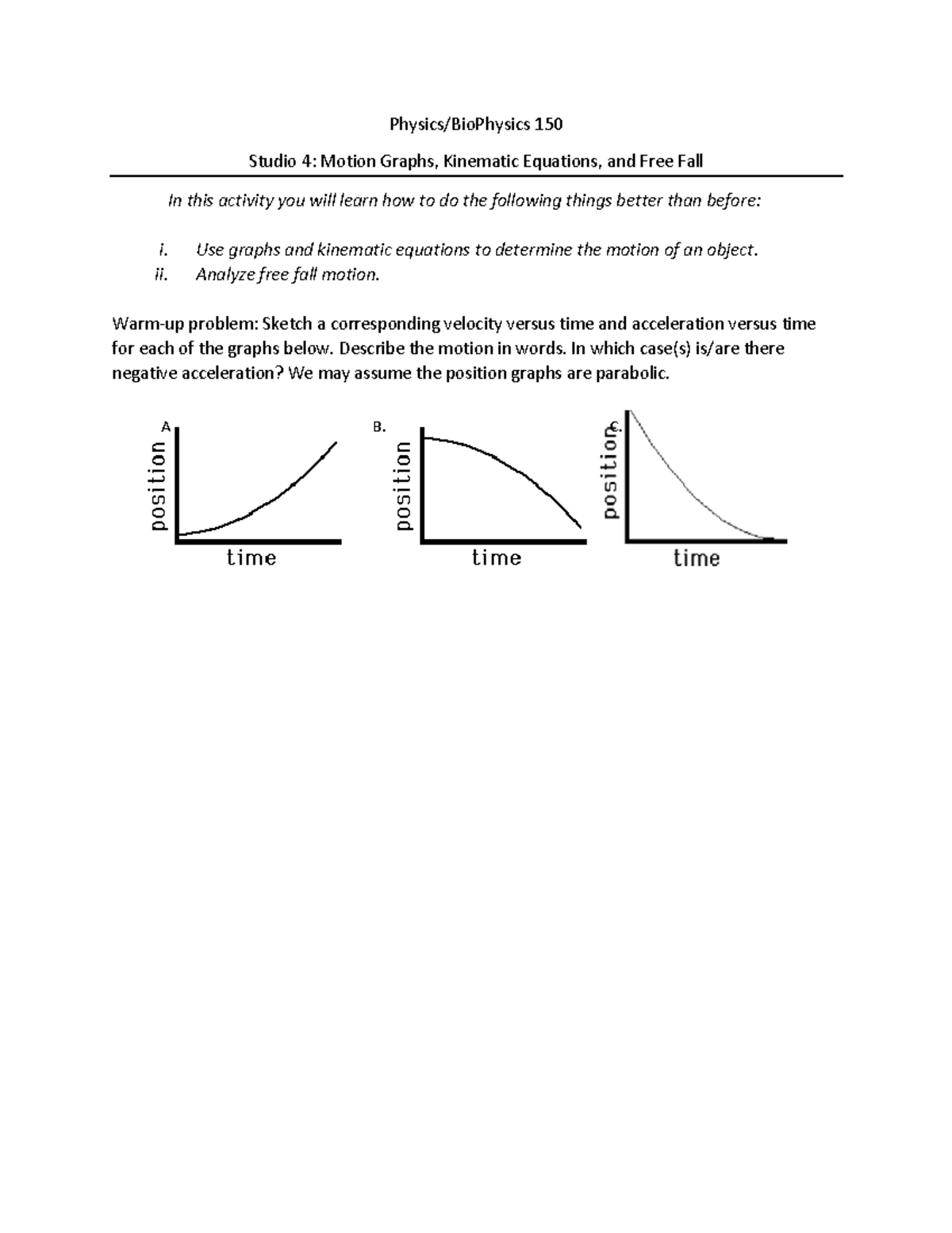 150 Studio 04: Motion Graphs, Kinematics, and Free Fall Analysis - Studocu