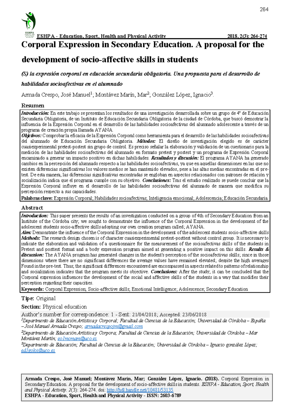 264 ESHPA Final Exam: Corporal Expression and Socioaffective Skills ...