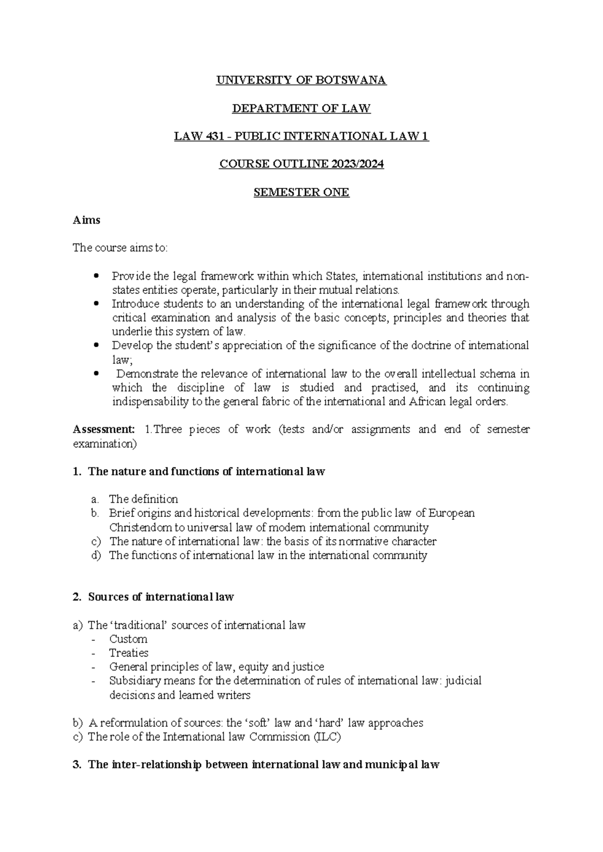 LAW 431 - Public International Law Course Outline for 2023 - Studocu
