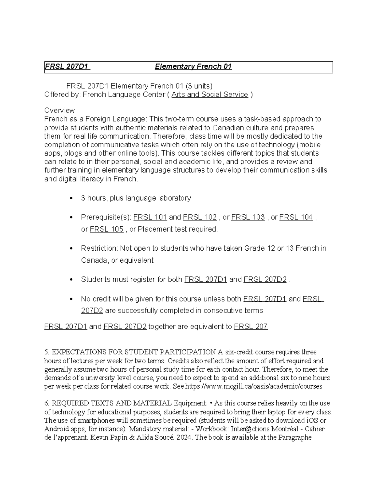 FRSL 207D1 Elementary French Syllabus and Course Overview - Studocu