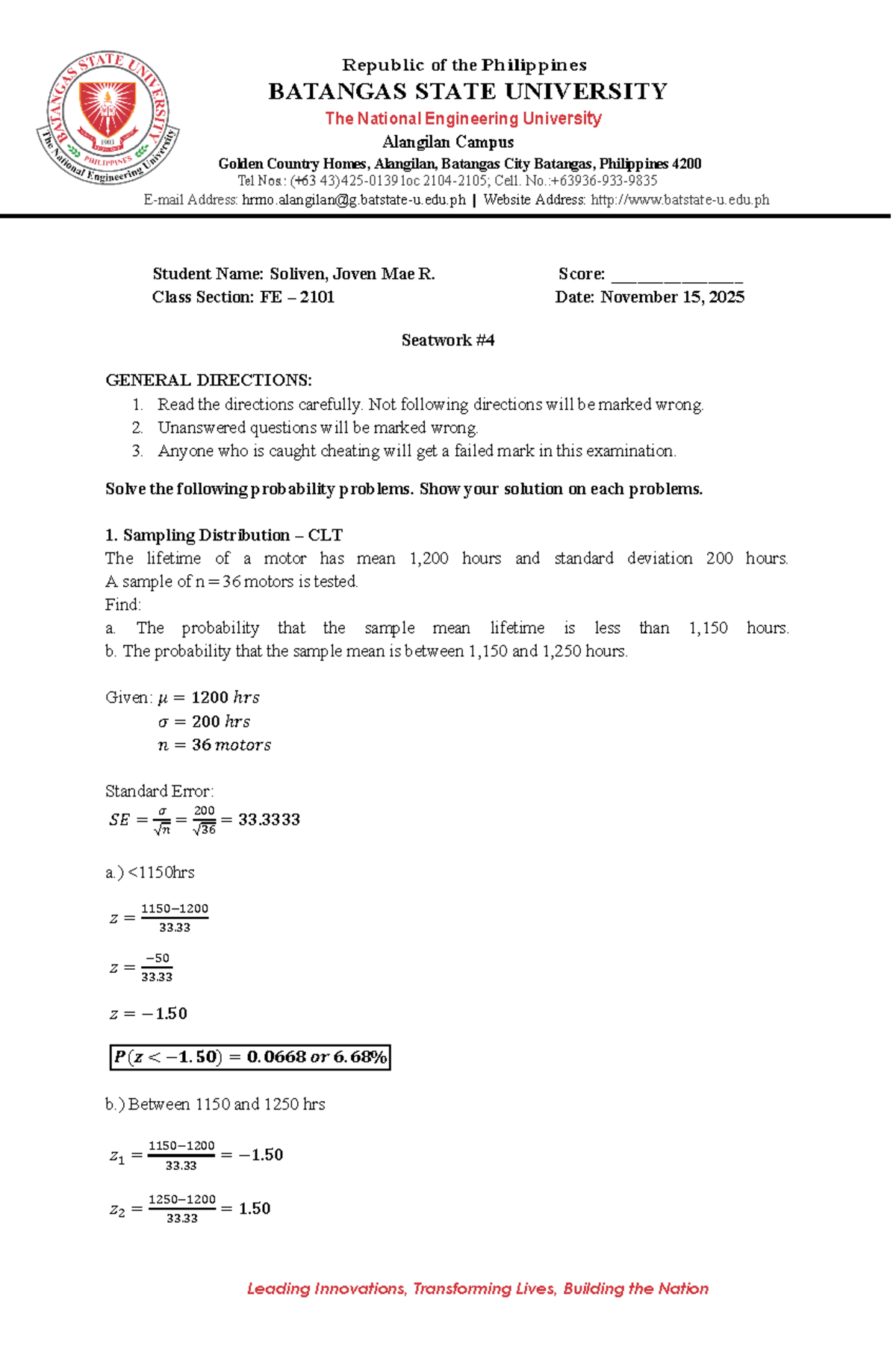 Seatwork #4: Engineering Data Analysis (FE 2101) - Studocu