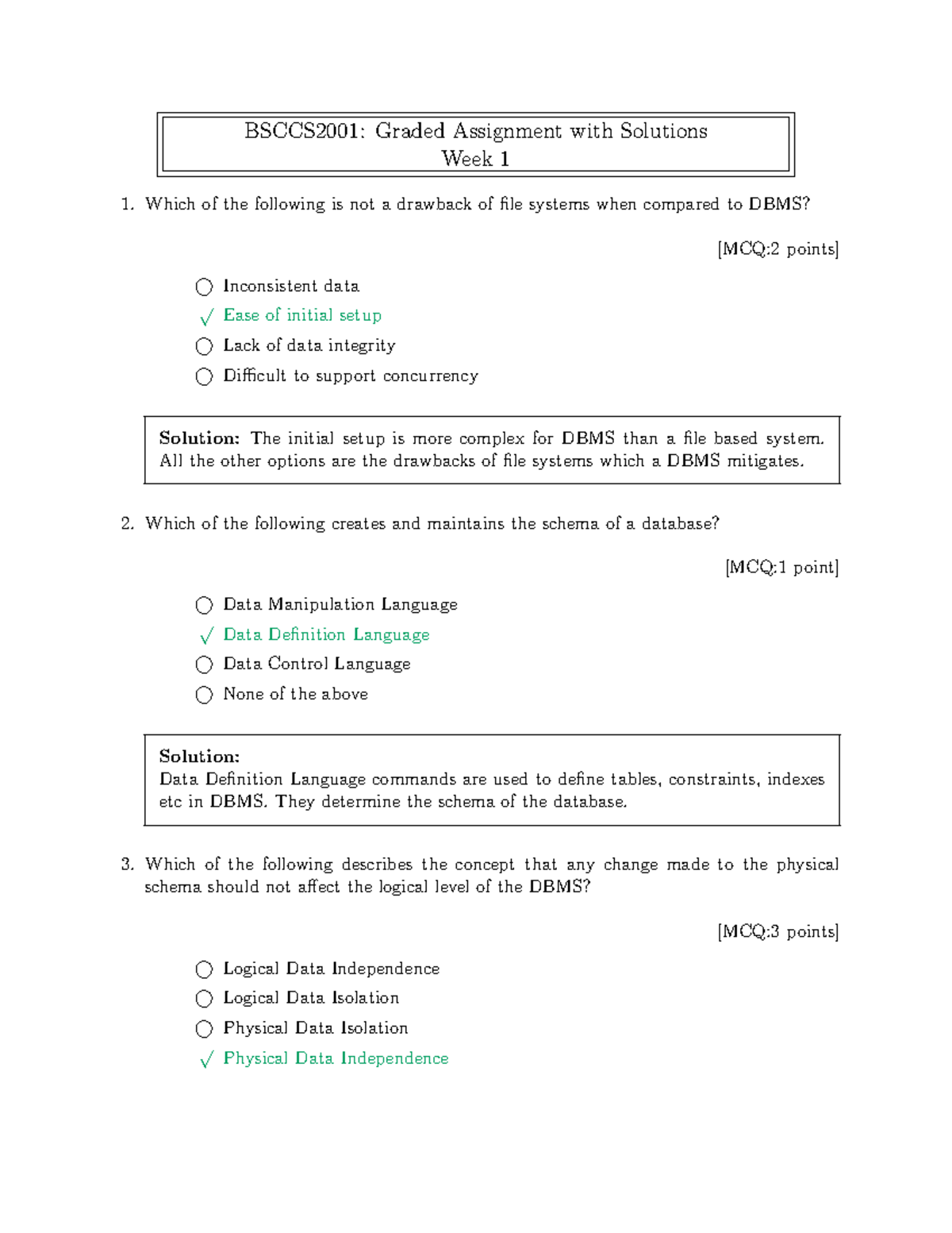 BSCCS2001: DBMS Graded Assignment Solutions for Weeks 1 & 2 - Studocu