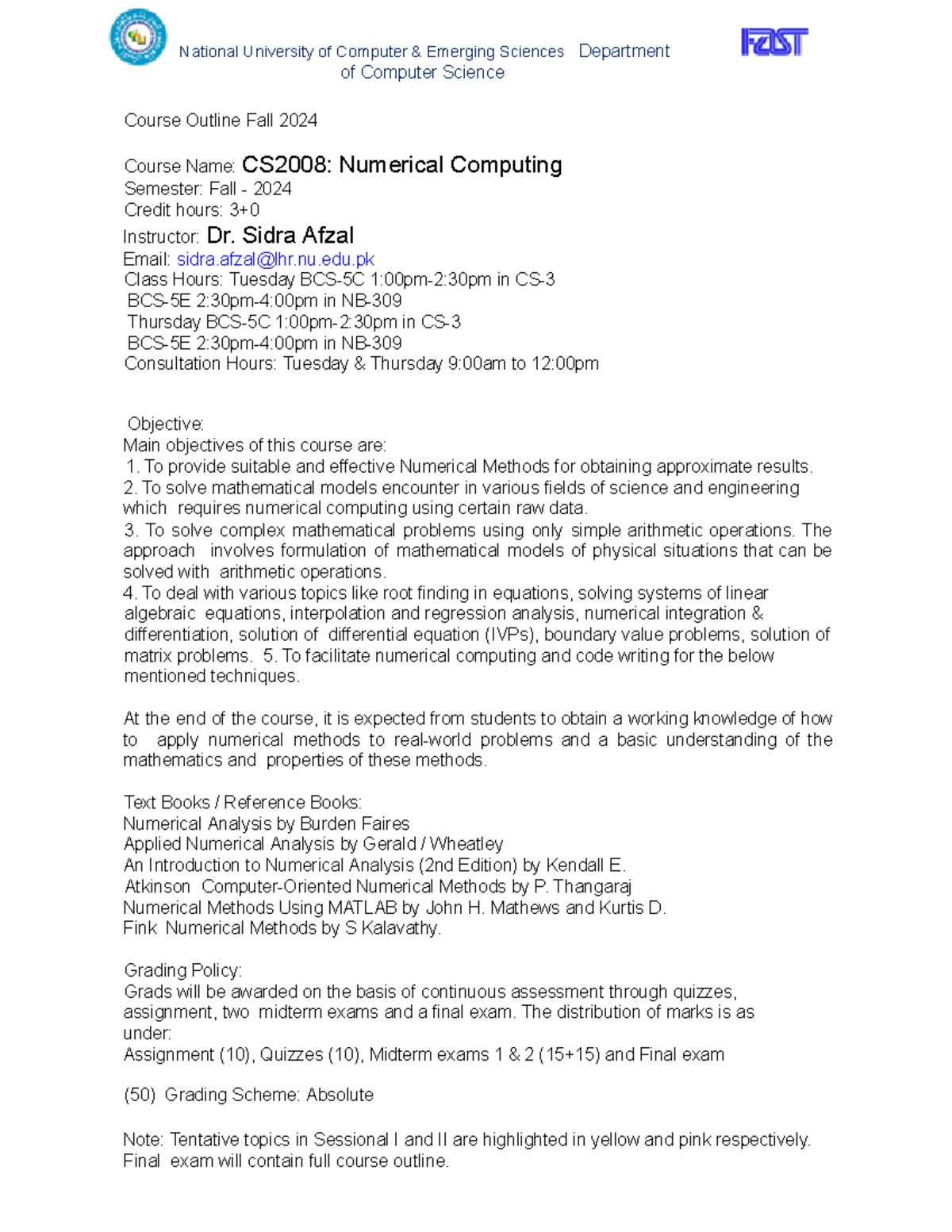 CS2008: Course Outline for Numerical Computing - Fall 2024 - Studocu