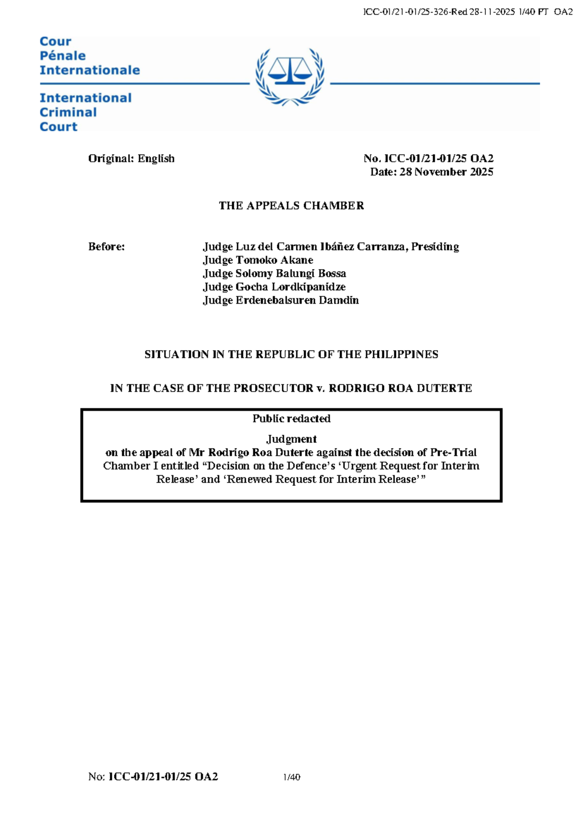 ICC OA2 Judgment: Appeals Chamber Decision on Duterte's Interim Release ...