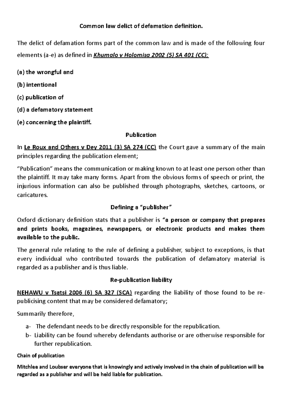 Delict - Defamation Legal Principles and Case Summaries Notes - Studocu