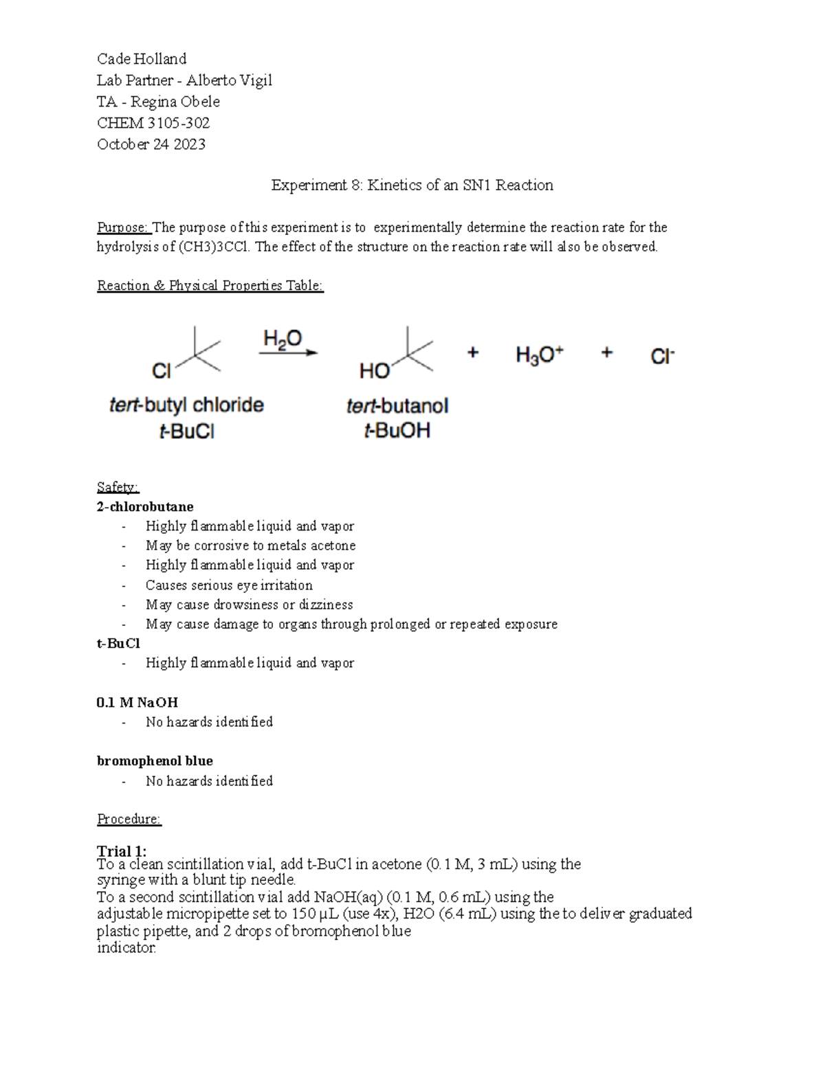 CHEM 3105 Experiment 8 Lab Report: Kinetics of an SN1 Reaction - Studocu