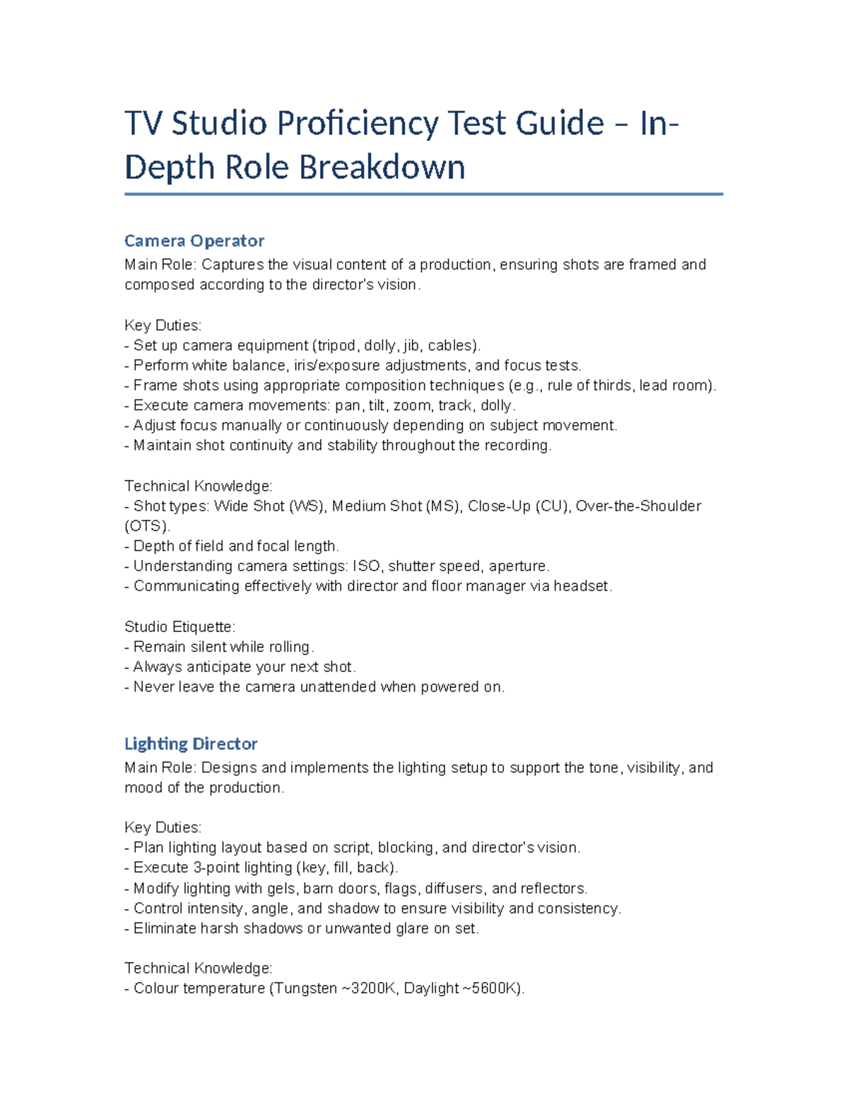 Expanded TV Studio Role Guide: Camera Operator, Lighting Director ...